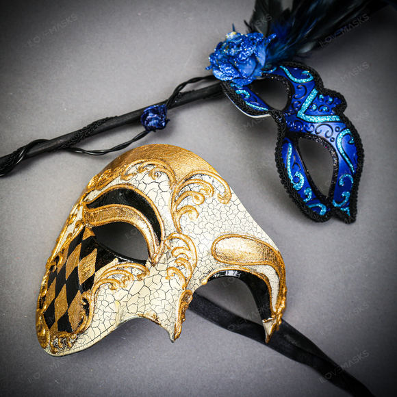 ILOVEMASKS | Accessories | Gold Venetian Phantom Half Face W Stick Blue ...